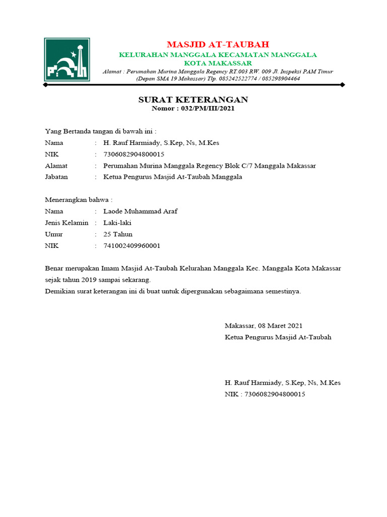 Surat Keterangan Imam Masjid Pdf