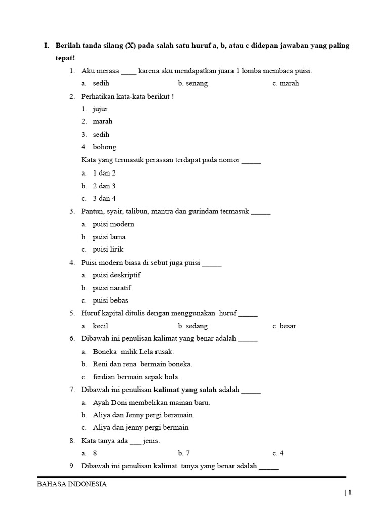 Soal Bahasa Indonesia KLS 2 | PDF