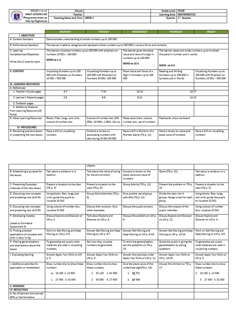 DLL Mathematics Quarter 1 Week 1-10 New | PDF