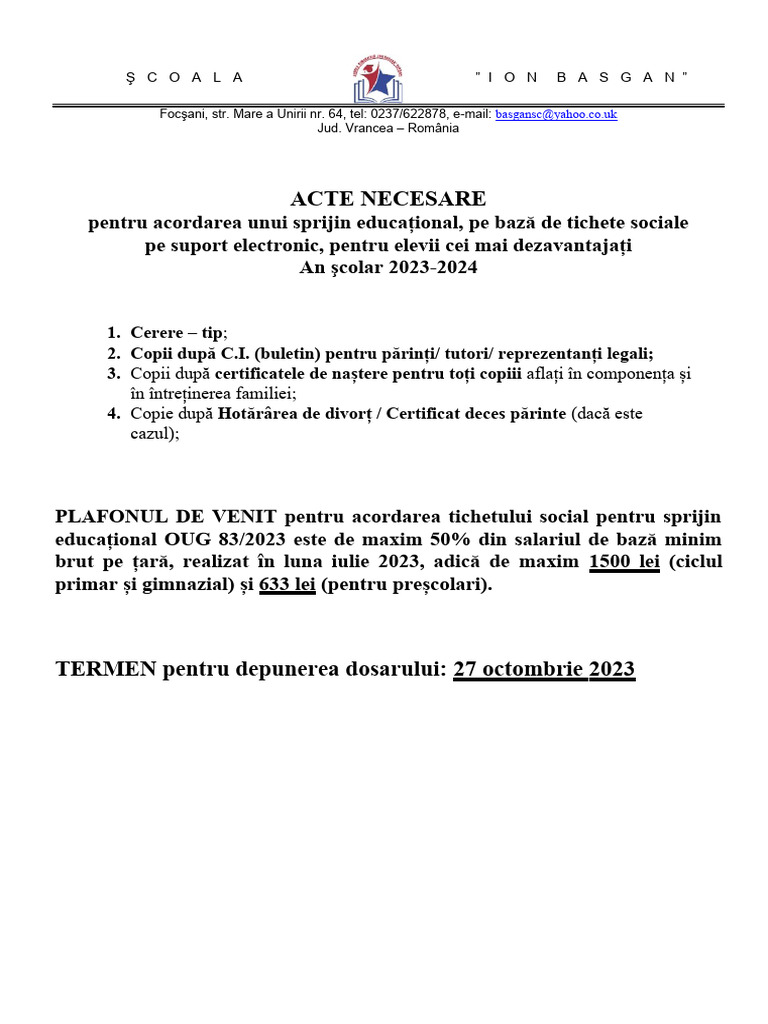 Acte Necesare Pentru Dosarul de Tichete Sociale 2023 | PDF