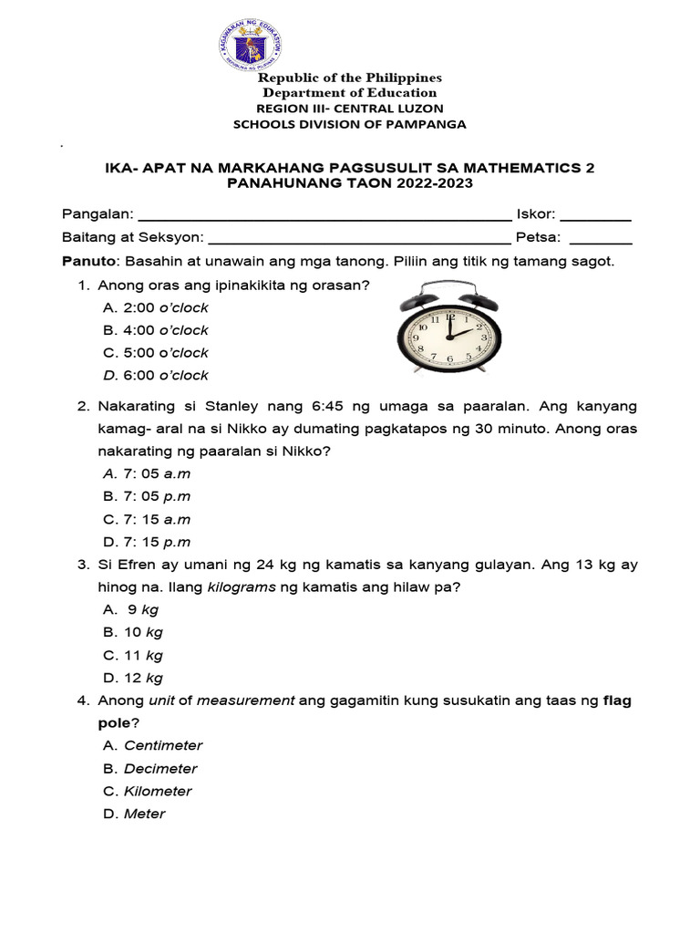 Fourth Quarter Assessment in Mathematics 2 - Filipino | PDF