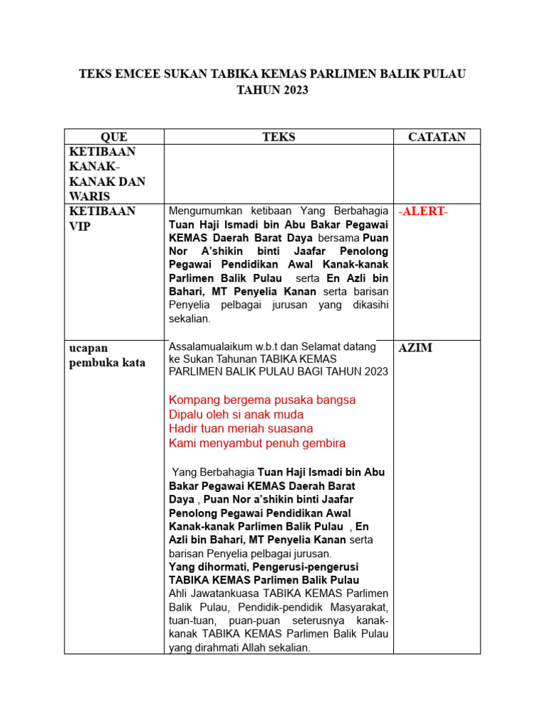Teks Emcee Sukan Tabika Kemas Parlimen Balik Pulau Tahun 2023 | PDF