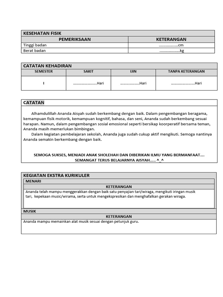 Rapor TK IT Nurul Manan | PDF