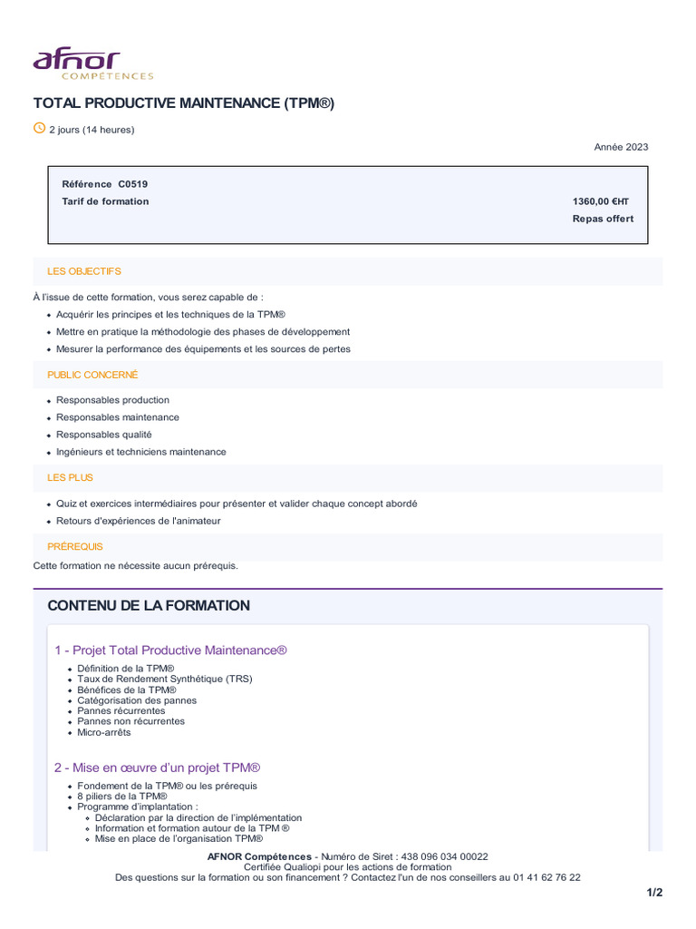 Cours - Total - Productive - Maintenance - (TPM®) | PDF