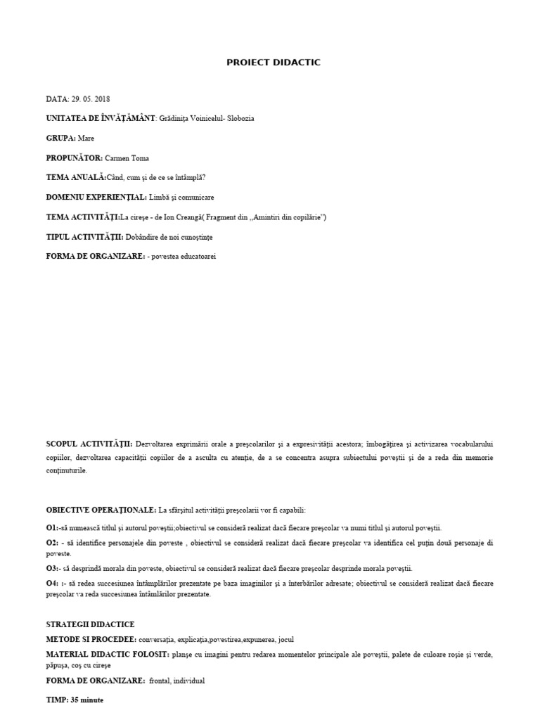 Povestire Grupa Mare Proiect Didactic | PDF