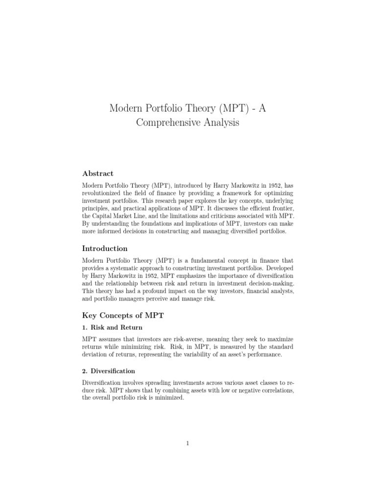 Modern Portfolio Theory (MPT) - A Comprehensive Analysis | PDF ...