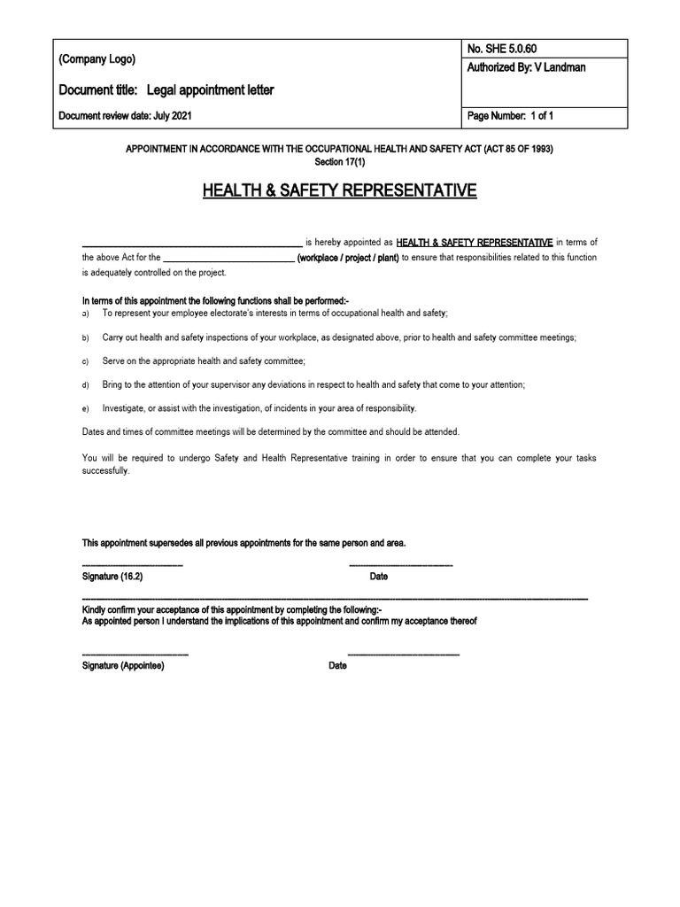 SHE 5.0.60 Section 17 (1) Health 0 Safety Representative | PDF ...