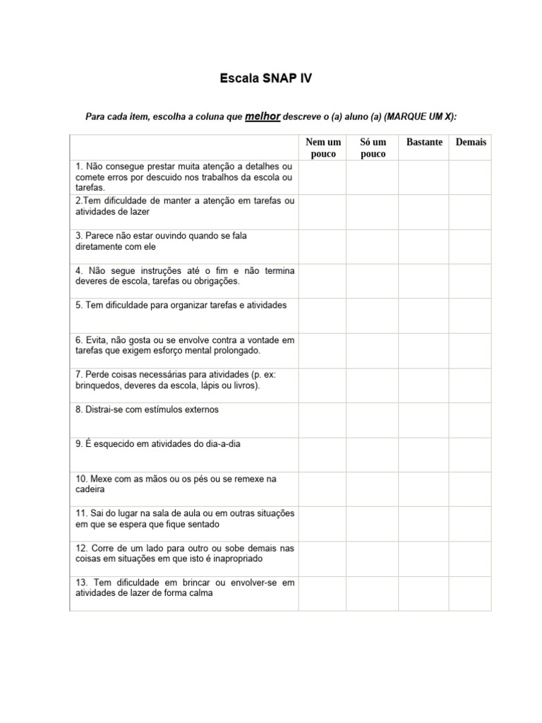 Escala SNAP-IV: Avaliação de Sintomas de TDAH | PDF | Carreira e ...