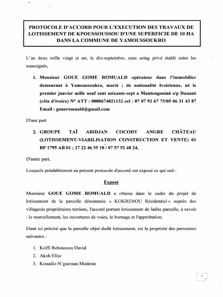 Protocole D'accord Pour L'execution Des Travaux de Lotissement de Kpoussoussou D'une Superficie ...