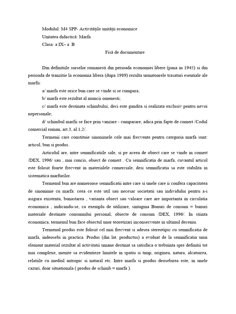 Fisa Documentare Marfa | PDF