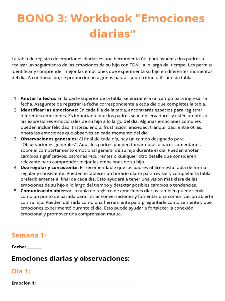 BONO 3 Workbook Emociones Diarias | PDF