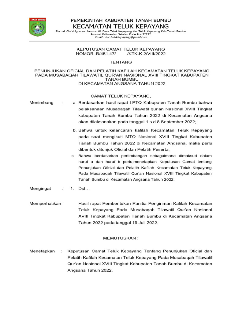 SK OFFICIAL MTQ 2022 Kecamatan | PDF