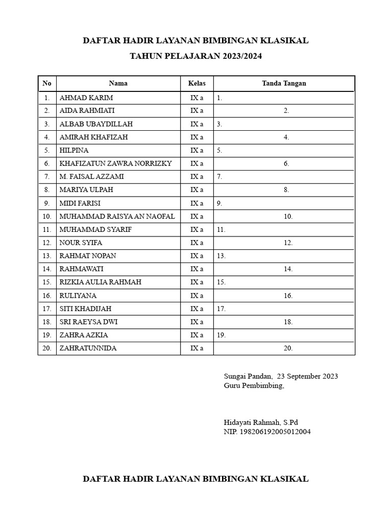 Daftar Hadir Layanan Bimbingan Klasikal | PDF