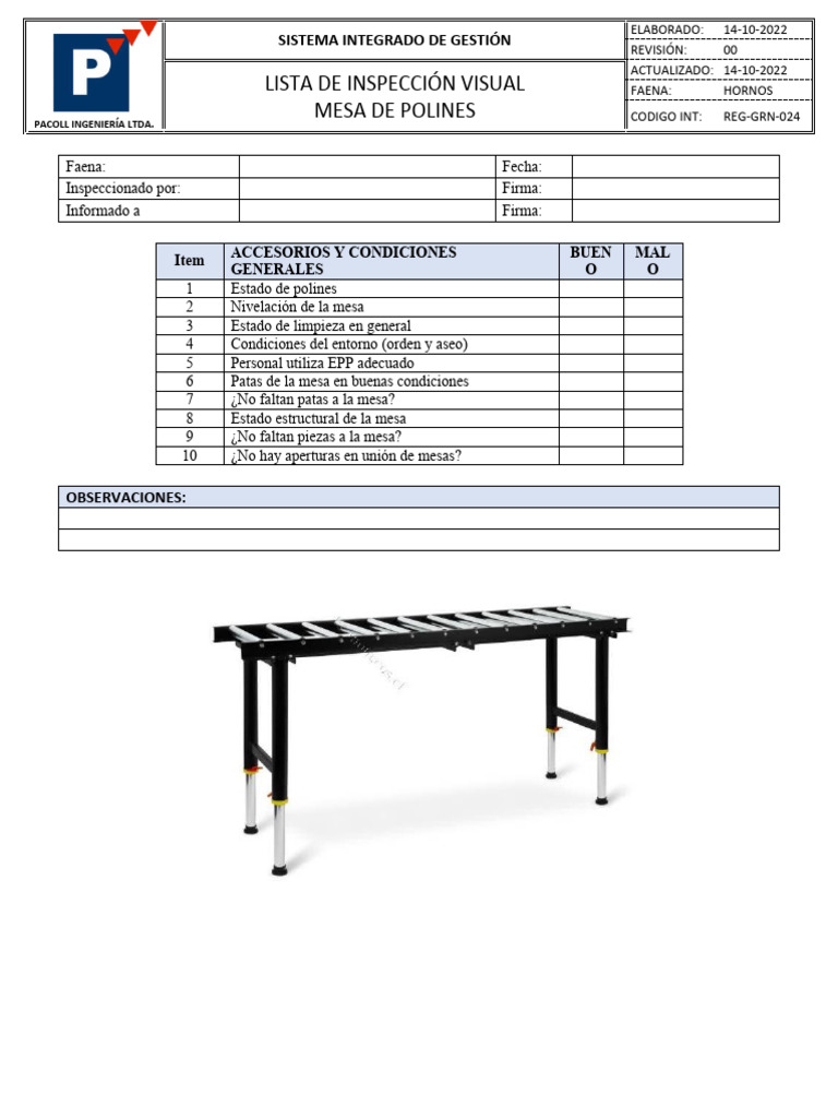 Lista de Inspección de Mesas de Polines | PDF