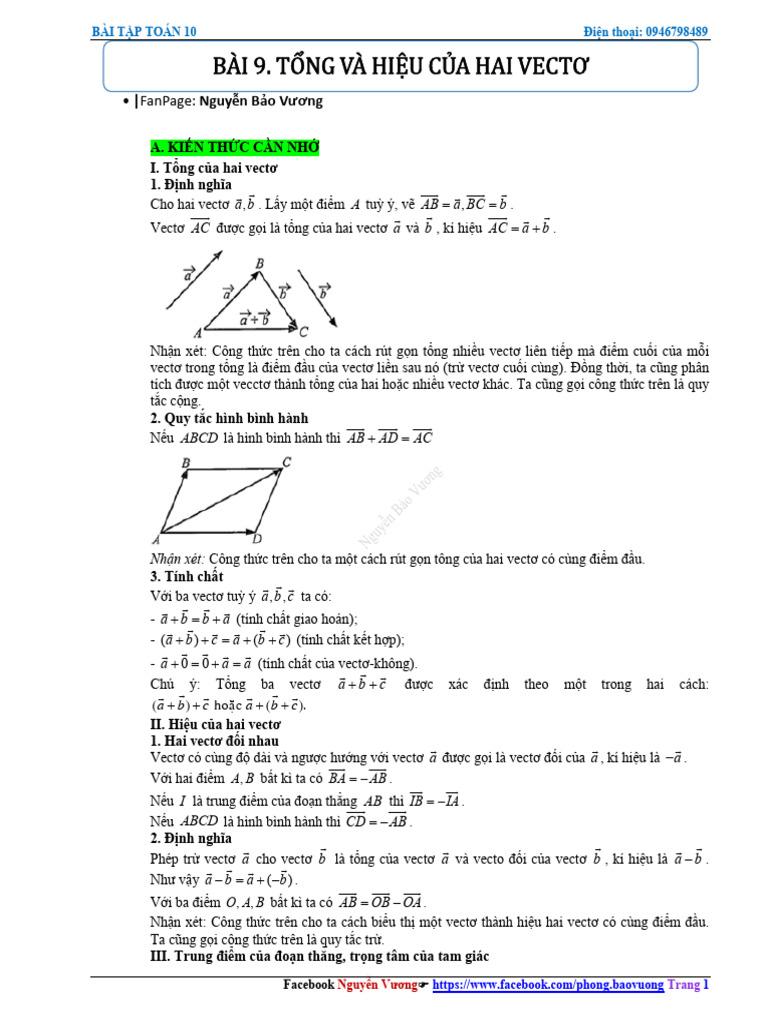 Bài 9. Tổng Và Hiệu Của Hai Vecto - Câu Hỏi | PDF