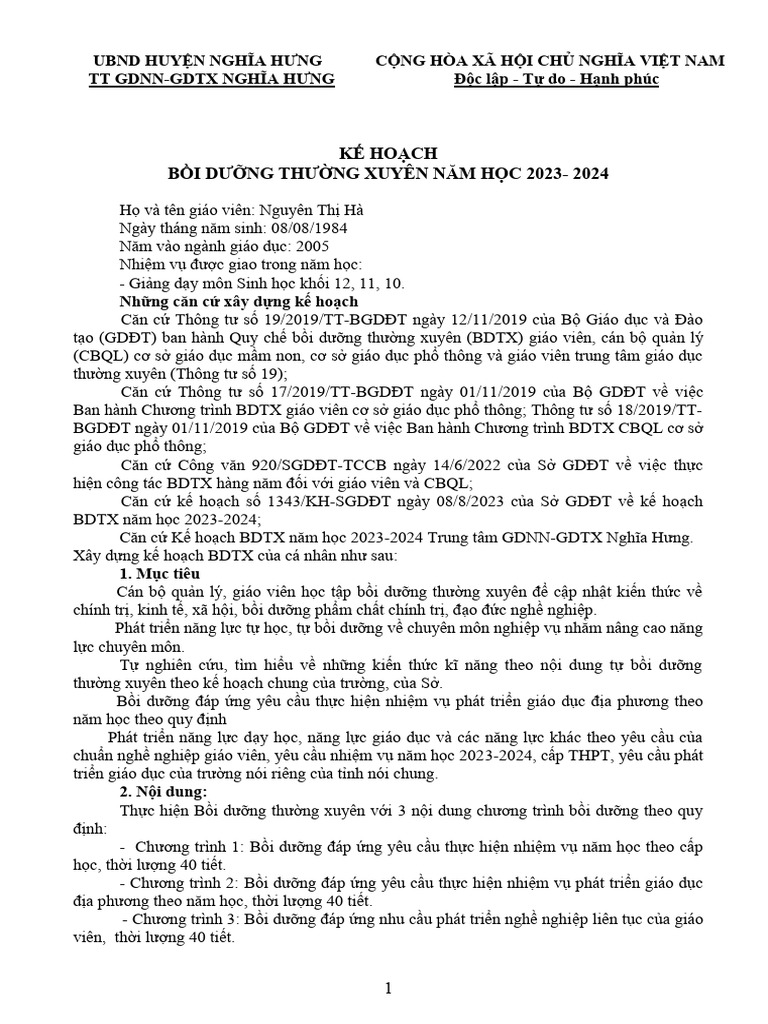 4 Kế Hoạch Bdtx Cá Nhân 2023-2024 | PDF