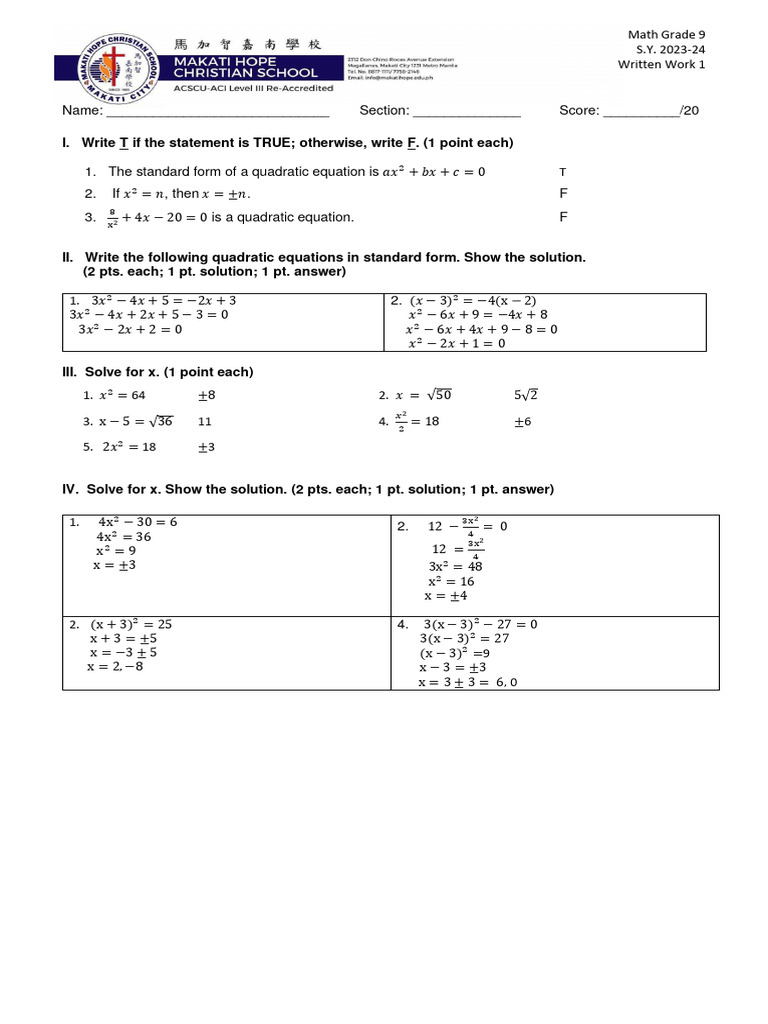 G9 Q1 WW1 AnswerQuadratic Equations | PDF | Equations | Mathematics