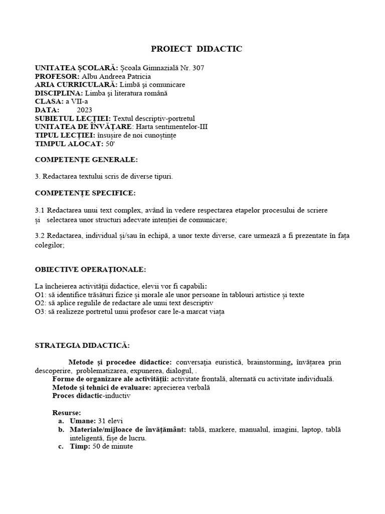 Proiect Didactic - Portretul | PDF
