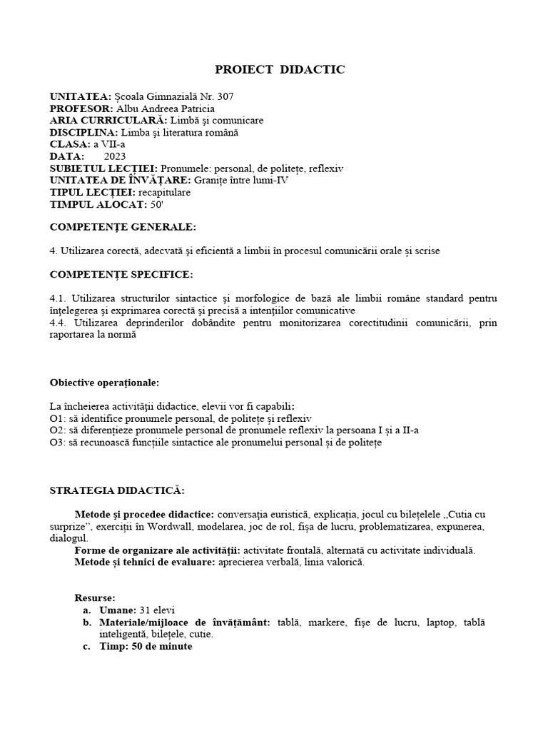 PROIECT DIDACTIC - Pronumele Personal, Politețe, Reflexiv | PDF