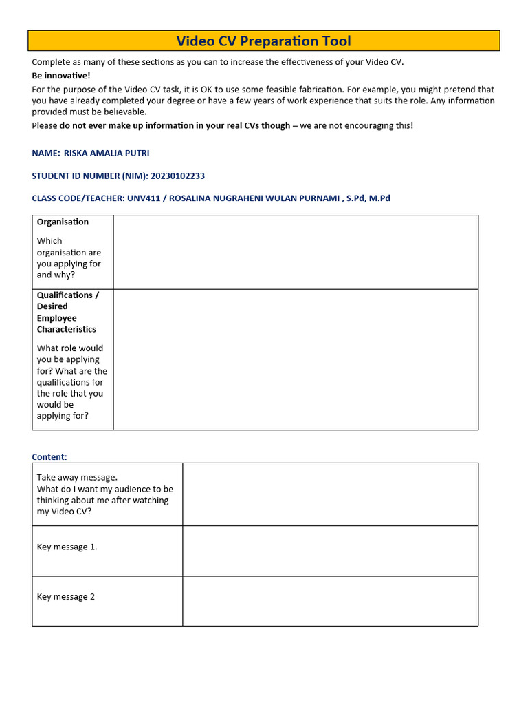 Session 06 - Video CV Preparation Worksheet | PDF