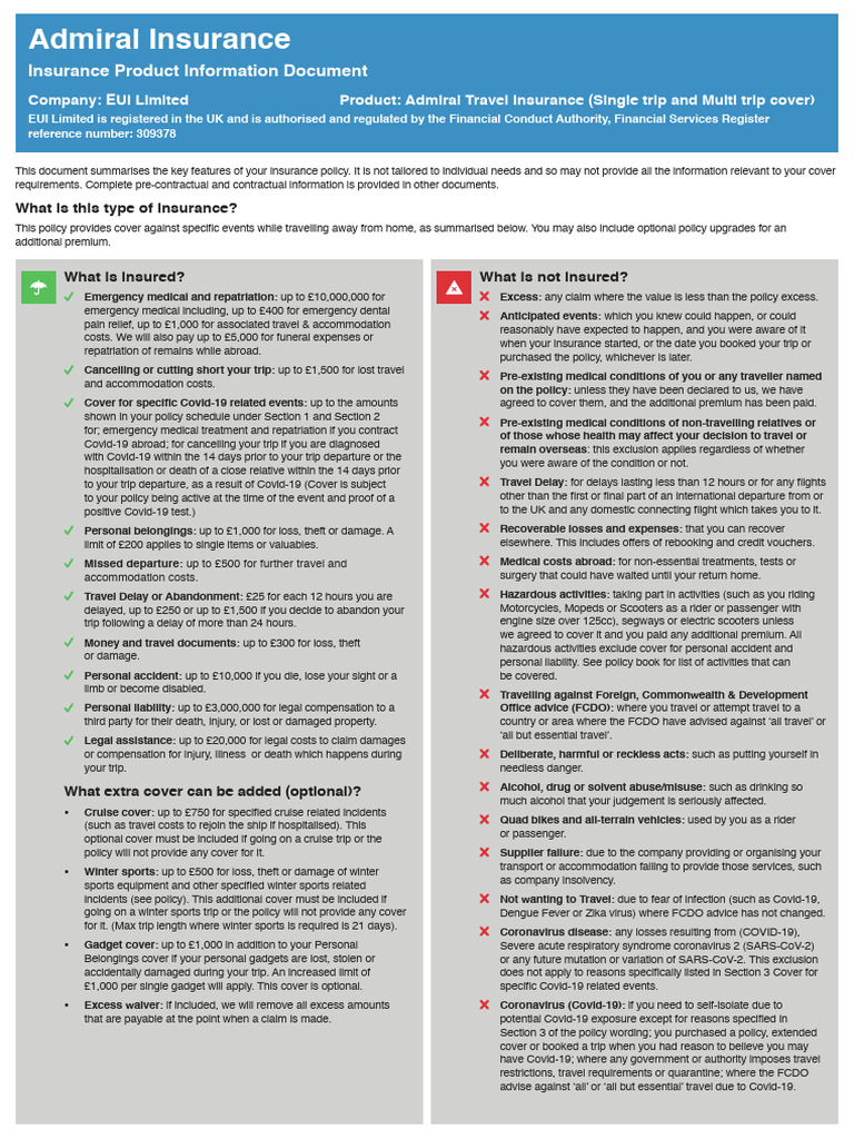Admiral Travel Insurance Overview | PDF