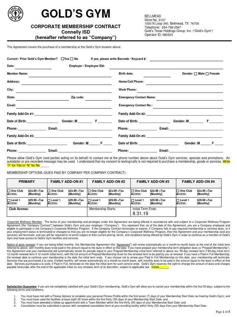 Gold S Gym Contract CISD | PDF