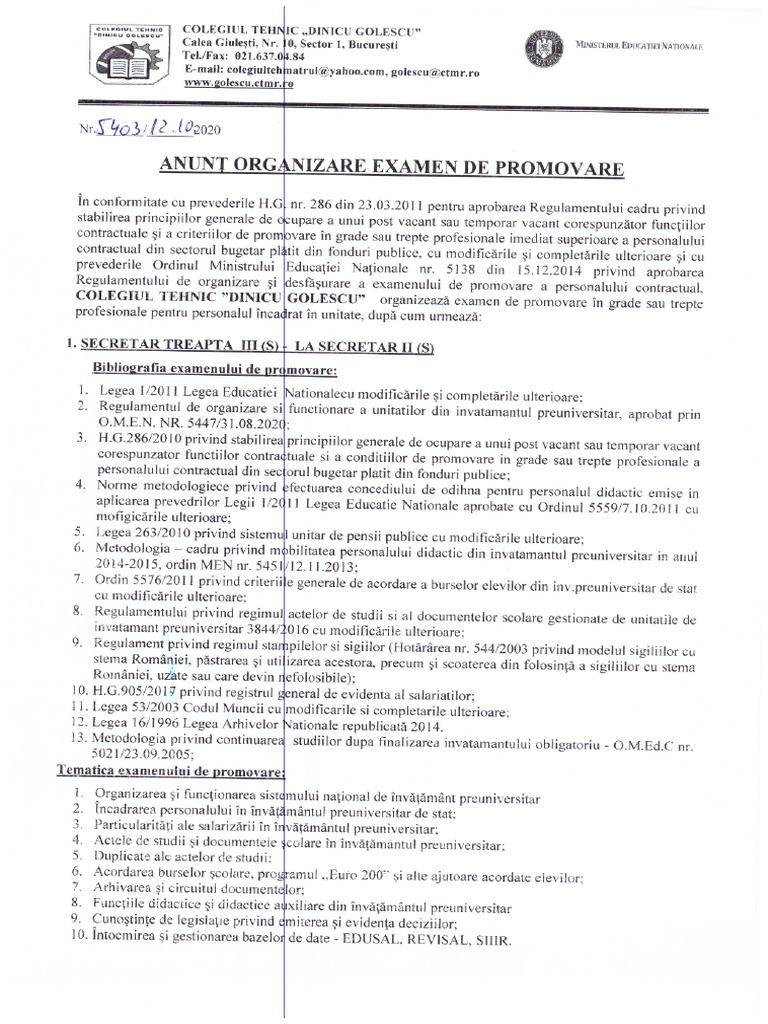 Anunt Examen Promovare Personal | PDF