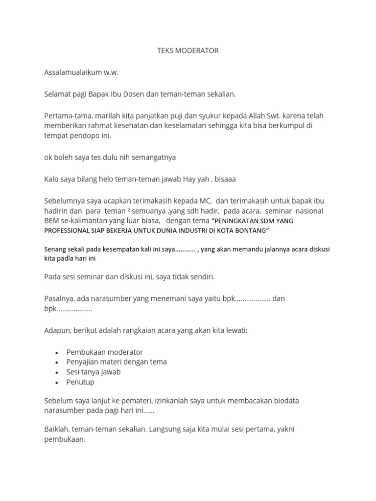 Teks Moderator Seminar Nasional BEM | PDF | Karier & Perkembangan ...