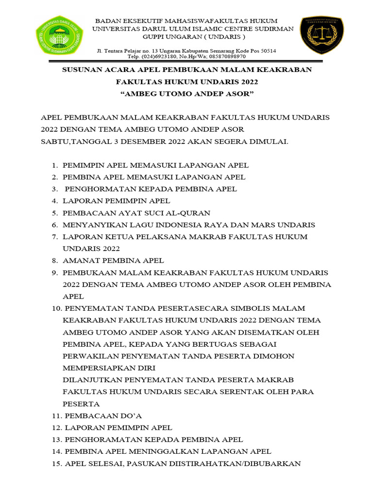 Teks MC Apel Pembukaan Dan Penutupan, Susunan Acara Penyampaian Materi, Doa | PDF