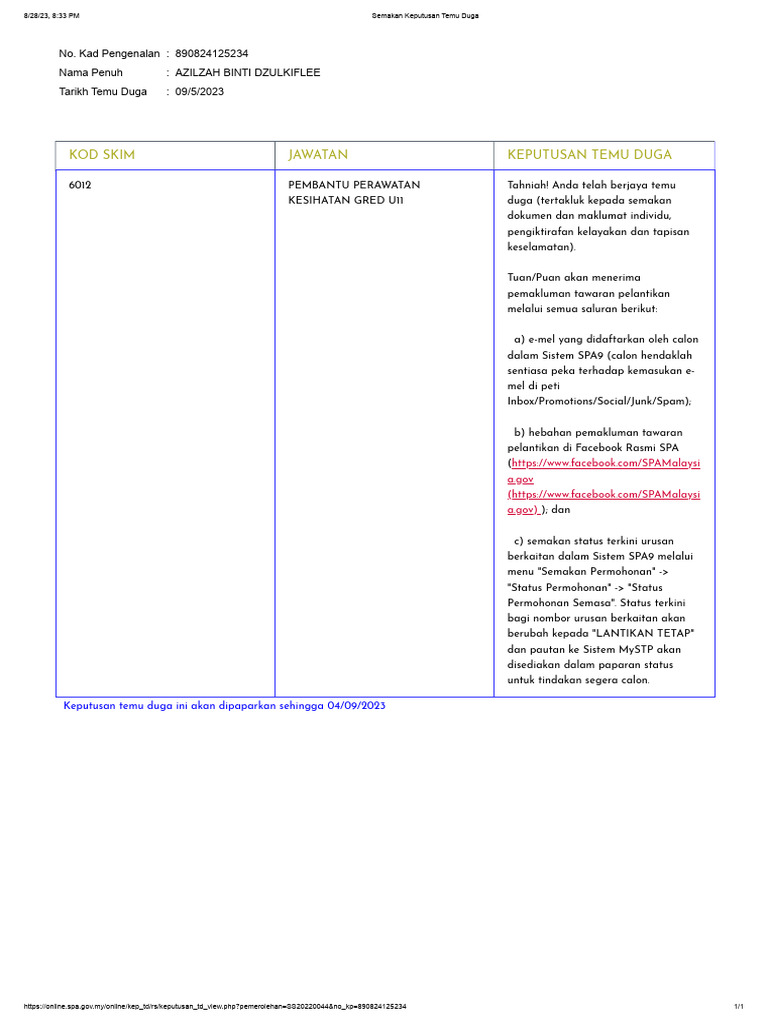Semakan Keputusan Temu Duga | PDF