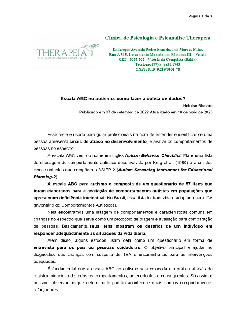 Escala ABC ICA - INVENTÁRIO DE COMPORTAMENTOS AUTÍSTICOS - Instruções | PDF