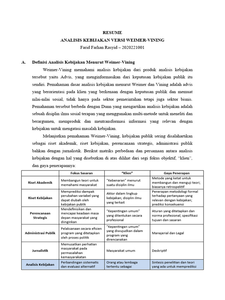 Resume Analisis Kebijakan Versi Weimer Vining | PDF