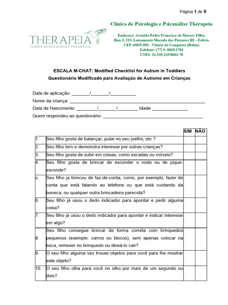 Escala-M-chat-1 THERAPEIA | PDF | Espectro do autismo | Entrevista Escala-M-chat-1 THERAPEIA | PDF | Espectro do autismo | Entrevista