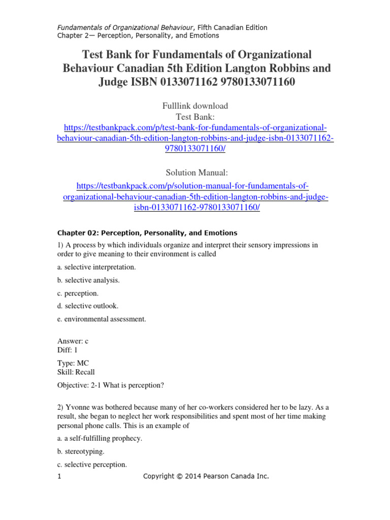 Test Bank For Fundamentals of Organizational Behaviour Canadian 5th ...