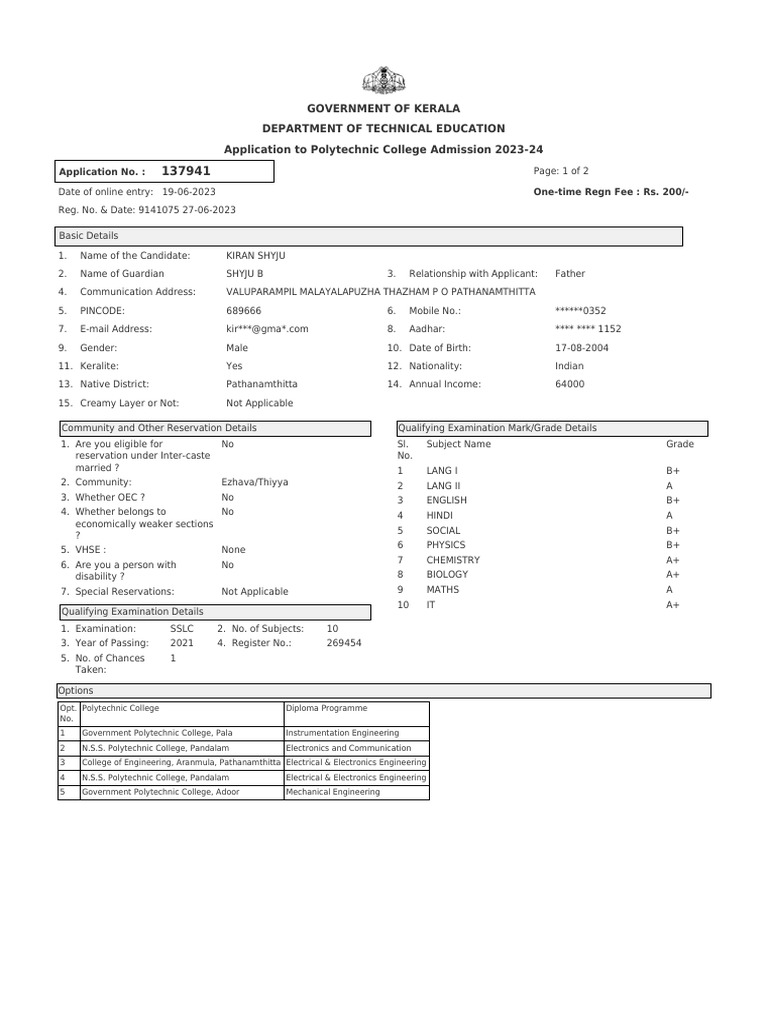 Kerala Polytechnic Admission Form | PDF