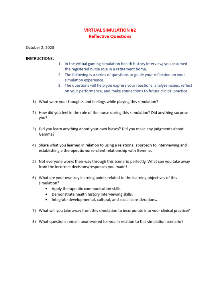 VIRTUAL SIMULATION #2 - Reflective Questions | PDF