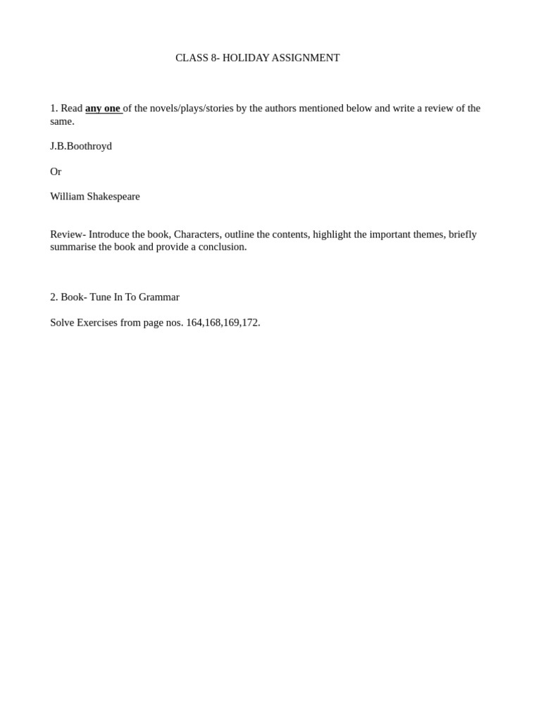 Class 8 English Holiday Assignment | PDF | Language Arts & Discipline ...