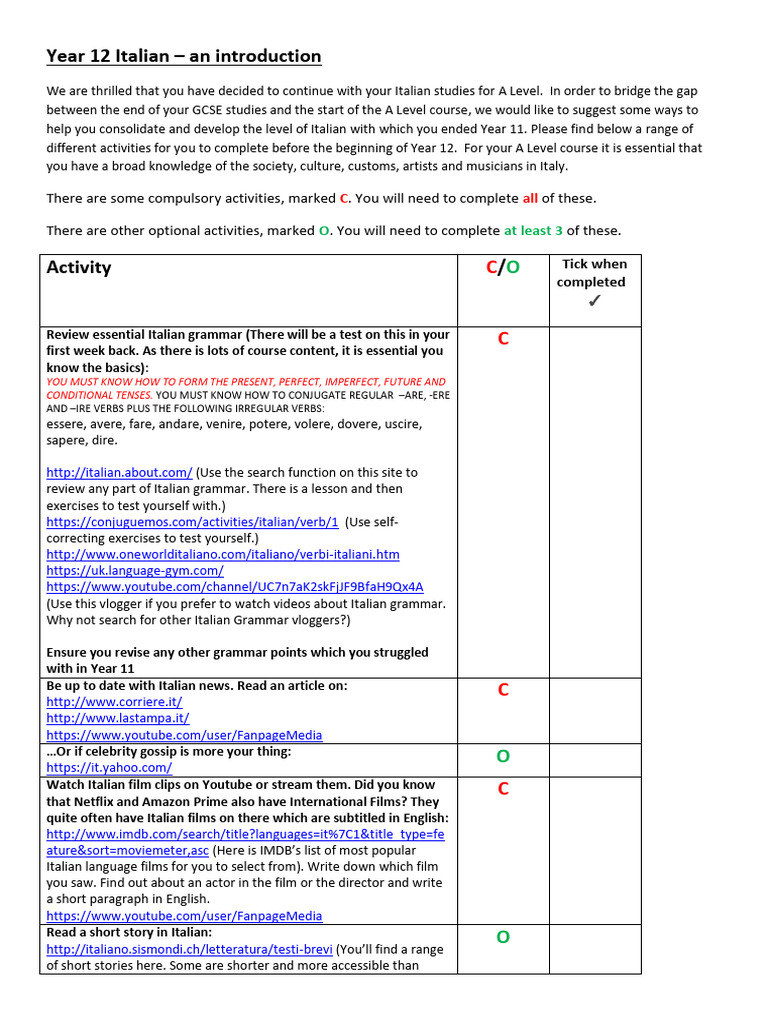 A Level Italian Bridging Work Checklist | PDF