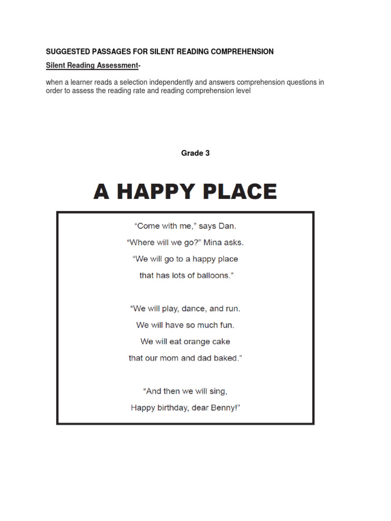 Suggested Passages For Silent Reading Comprehension | PDF