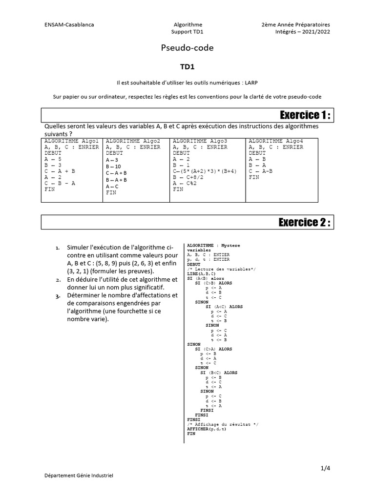 TD Algorithmique No 1 | PDF