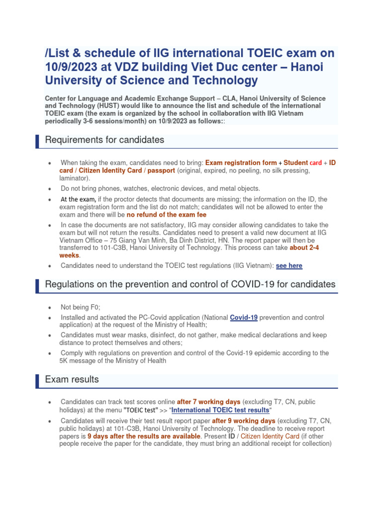 List and Schedule of TOEIC | PDF