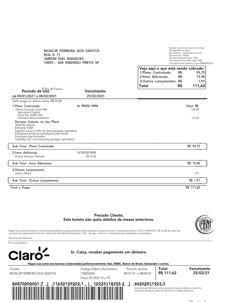 2ª Via de Fatura Claro - Ribeirão Preto | PDF
