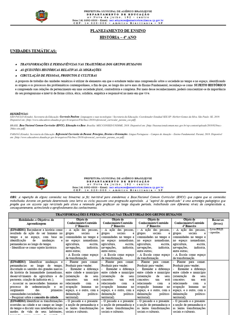 Plano de Historia 4 Ano | PDF