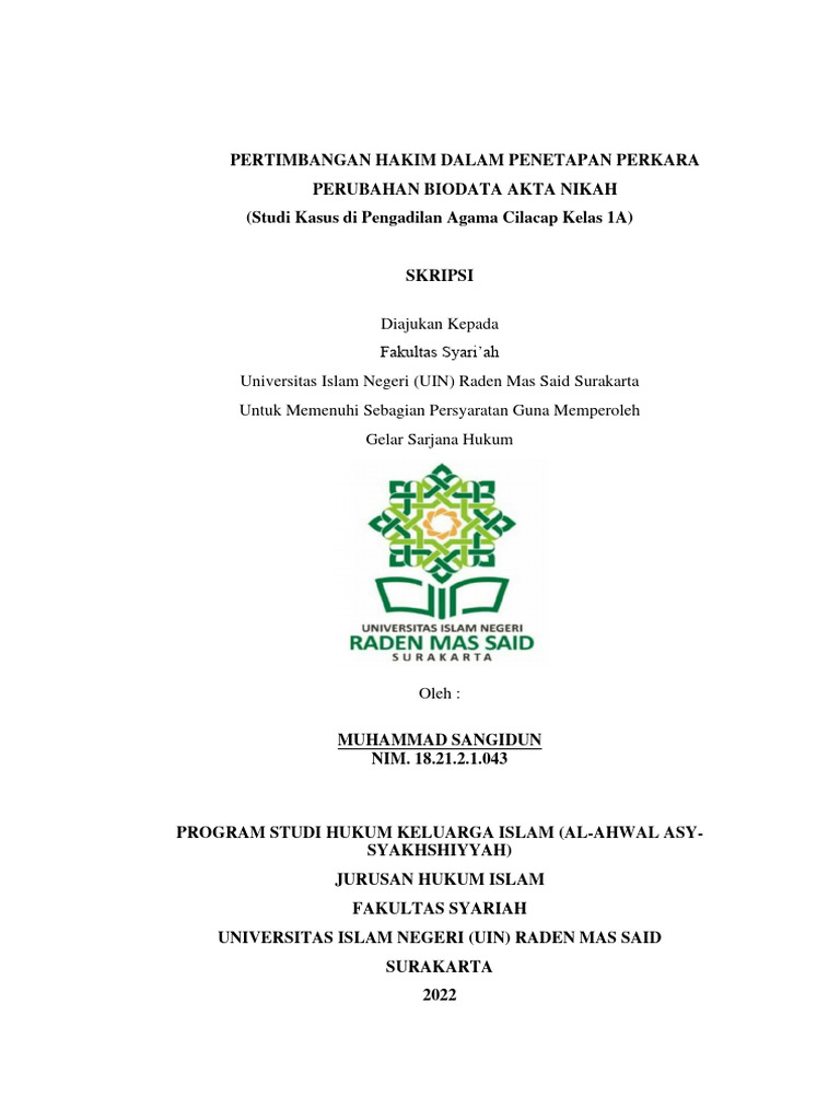 Skripsi Pertimbangan Hakim Dalam Penetapan Perkara Perubahan Biodata Akta Nikah (Studi Kasus Di ...