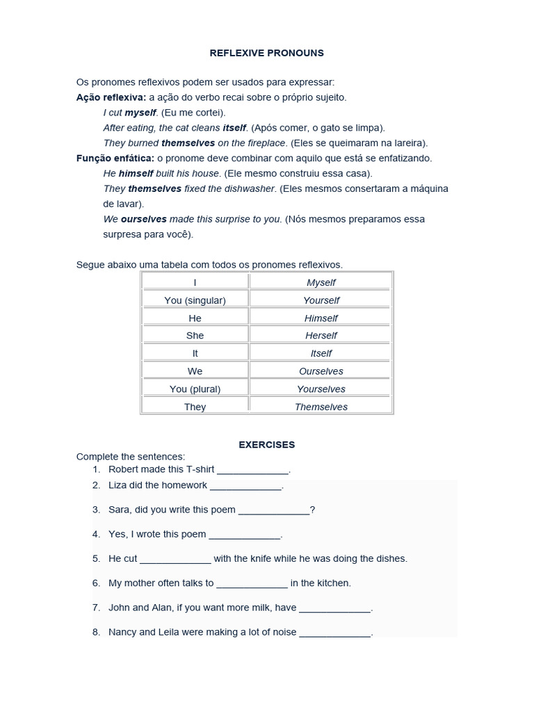 Reflexive Pronouns - Teoria e Exercícios | PDF