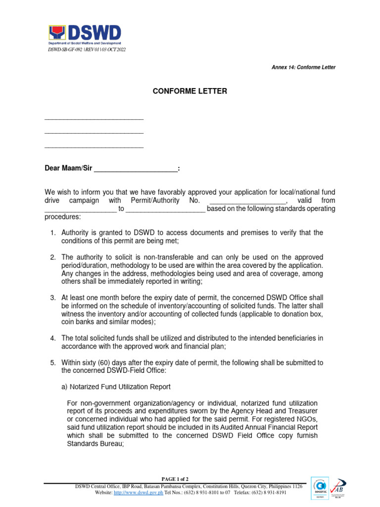 DSWD SB GF 092 - REV 01 - Conforme Letter For Fundraing Campaign | PDF