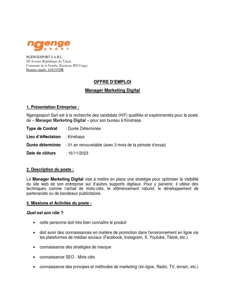 Offre Demploi Manager Marketing Digital | PDF
