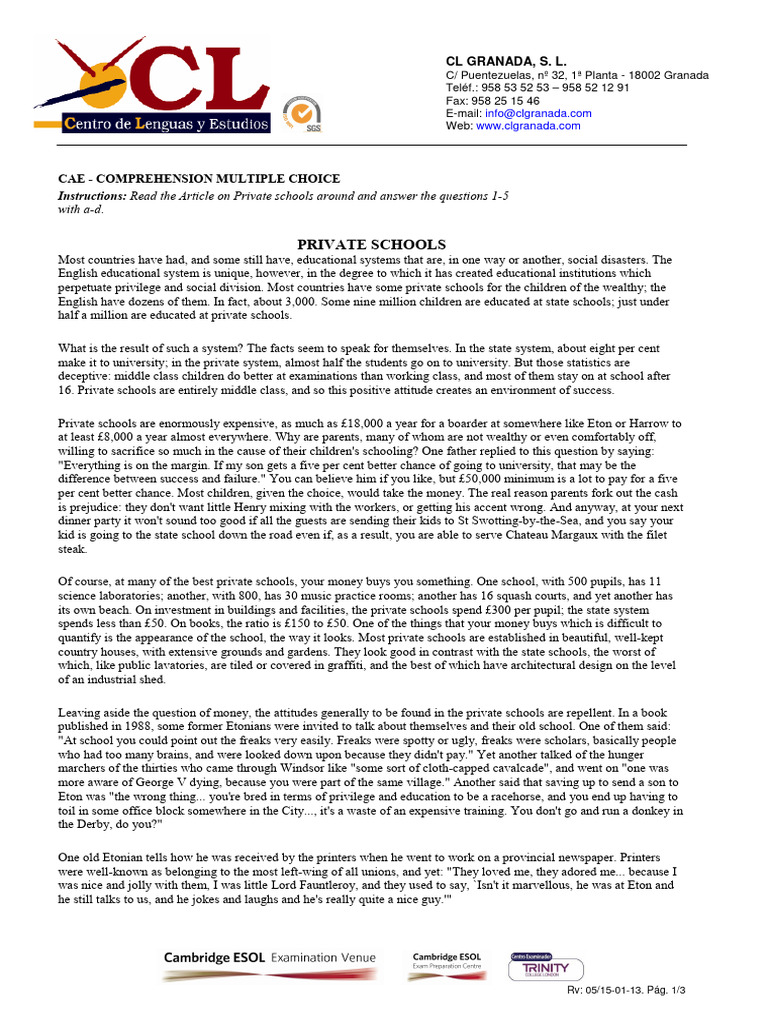 CAE Reading Multiple Matching Private Schools | PDF