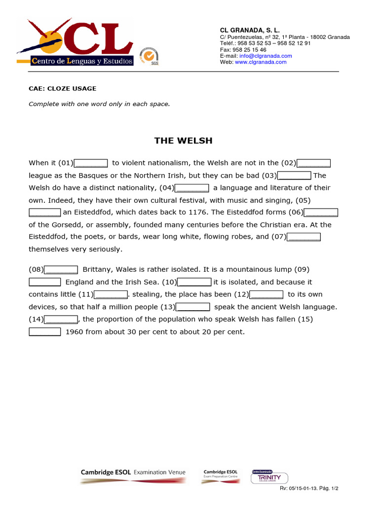 CAE Cloze Usage The Welsh | PDF