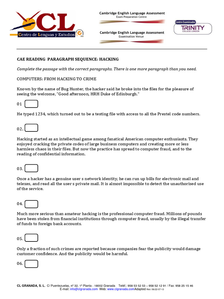 CAE Reading Paragraph Sequence Hacking | PDF | Social Science | Computers